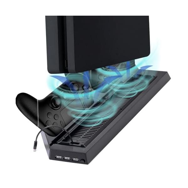 PS4冷却ファン付き充電器PS4/Slimに対応な新型冷却台(PROは非対応)。USBポートが3つ付き。PS4本体をゲーム中で温度の上昇を緩和する冷却ノートクーラー＆2台デュアルショックコントローラーが充電です。・高効率放熱性能に優れたメッ...