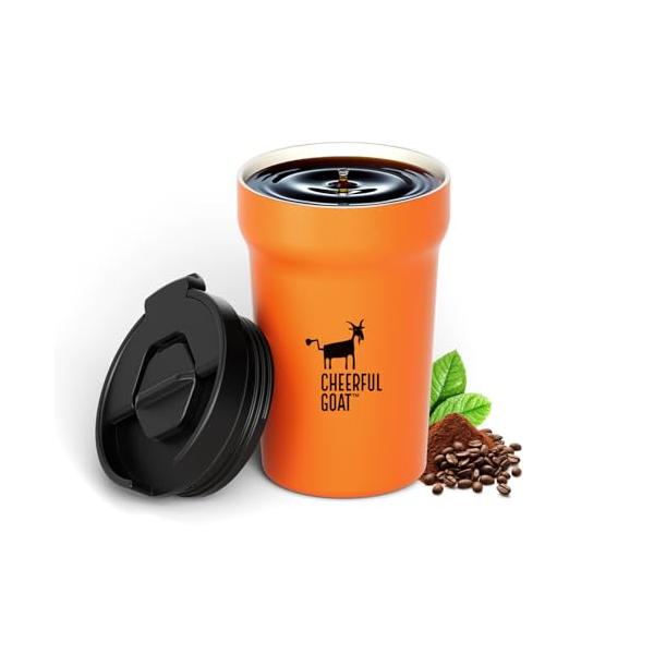 モダンなデザインオレンジ色/8.89cm x 17.78cm/CFG Travel Cup・Color:オレンジ色・プレミアムセラミック内面 ? 純粋な味わいをそのまま 従来のステンレス製マグとは異なり、CHEERFUL GOAT のマグカ...