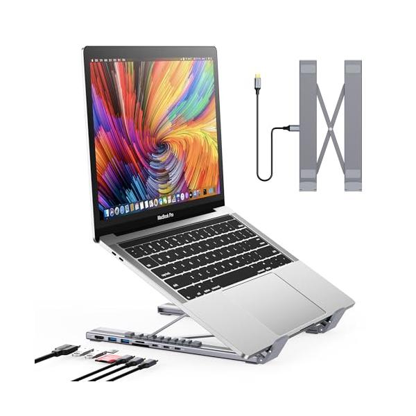 シルバー/-/HUB-M57・Color:シルバー・Mukiya ハブ付き PCスタンド : 軽量・折りたたみ式ノートパソコンスタンドとドッキングステーションを一体化した多機能設計。25〜44cmのノートPCやタブレットを安定して支え、視線...