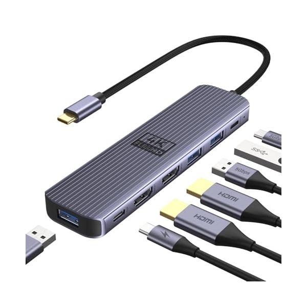 グレー/-/-・パッケージ個数:1・7ポート拡張で作業効率アップUSB-Cポート1つで、2つのHDMIポート（最大4K 60Hz）、3つのUSB-A 3.0ポート（最大5Gbps）、1つのUSB-C 3.0ポート（最大5Gbps）、さらに最...