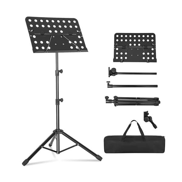 ブラック/49cmから127cmまで高さ調整/-・パッケージ個数:1・♪使いやすい微調整用ノブミュージックトレイは180度まで傾けることができ、どんな高さのユーザーでも楽に楽譜を読める。荷重は5.5kgで、楽譜だけでなく、譜面部分は本やタブ...