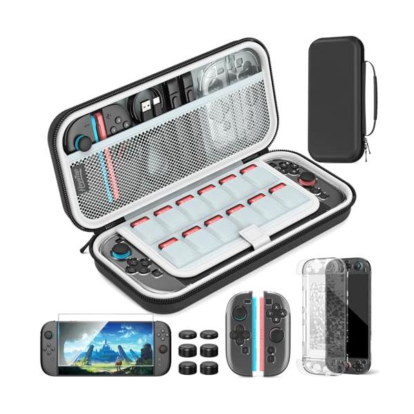 switch2Transparent/1-1680バッグセット/switch2 cover-XB・Switch 2 専用の究極保護4in1セット次世代ゲーム機のために設計された、Switch 2 ケース、幾何学模様のPCカバー、9H強化ガラ...