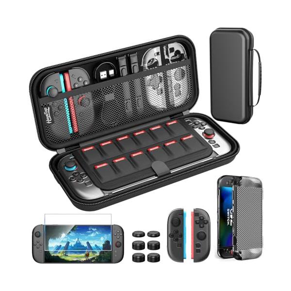 switch2Black/バッグセット/switch2 cover-ST・究極の4in1フルセット・全面保護大切な本体を360度守り抜く、Switch 2 ケース、PC格子柄カバー、9Hガラスフィルム、親指キャップの豪華4点セットです。個別...