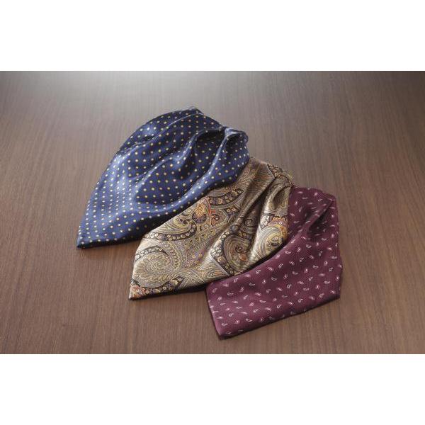 簡単装着　ワンタッチアスコットタイ３枚組！■3本セット  エスニック柄　　ペイズリー柄ワインレッド　ネイビー小柄■材質　シルク100%■サイズ　全長28cm、首回り40-51cm★発送について★・日時指定は承っておりません。・ポスト投函とな...