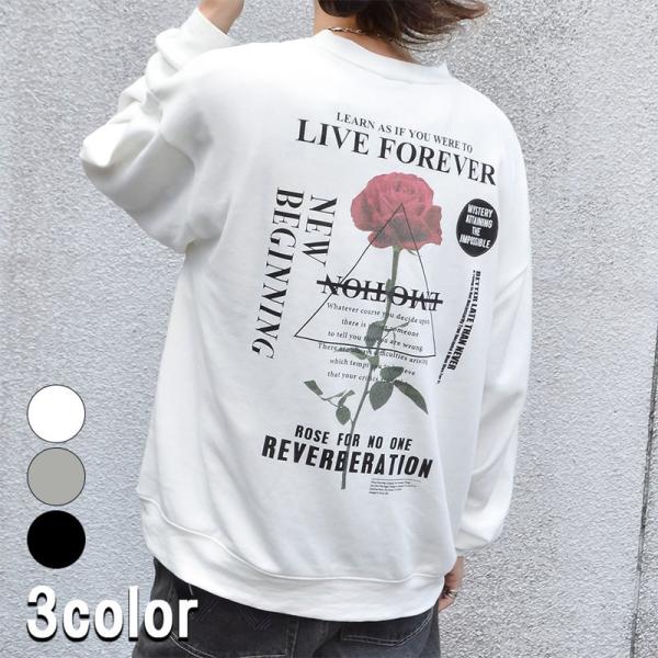 根強い人気のバラモチーフがクールな雰囲気の裏毛のスウェットインパクトのあるバラのバックプリントBODYによってバラの花の色を変えているところがポイント動きを付けたデザインのフロントの刺繍ロゴ韓国系、モード、ストリートなコーデに◎【サイズ】（...