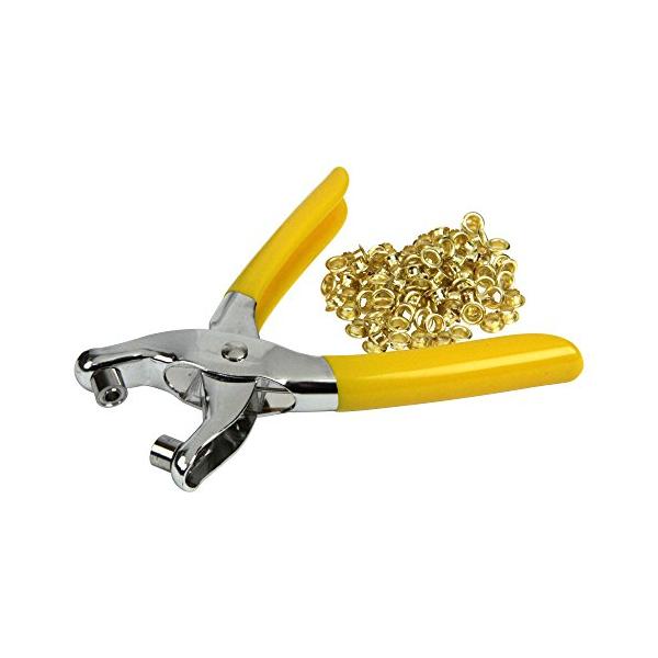 -/-/No.100・パッケージ個数:1・ハトメ穴径:約4.0mm・最大取付厚:約2.0mm・下穴サイズ:5.0mm・グリップ色:黄色・材質:ニッケルメッキ