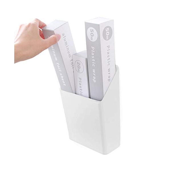 ・ホワイト ラップストッカー (マジックテープ付き)・本体サイズ:21.5cm×15.5cm×8.2cm・素材:ABS樹脂・耐熱温度 70度・生産国:中国・「マジックテープ」で、好きなところに取り付けできるラップストッカーです。