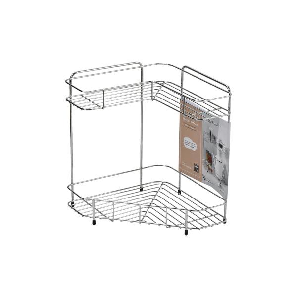 コーナーラックシルバー/-/HB-6078・PatternName:コーナーラック2段・パッケージ個数:1・製品サイズ:(約)幅36×奥行24×高さ31.5cm・製品重量:(約)0.85kg・素材・材質:鉄(クロムめっき)、保護キャップ/塩...