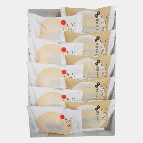 【内容】珈琲みるく5、りんご5【商品寸法】30.5×20.5×高4.5cm【原材料名】珈琲みるく：フラワーペースト（国内製造）、小麦粉調製品（小麦粉、砂糖、脱脂粉乳）、液鶏卵、ミルクスプレッド（植物油脂、砂糖混合異性化液糖、水あめ、加糖れん...