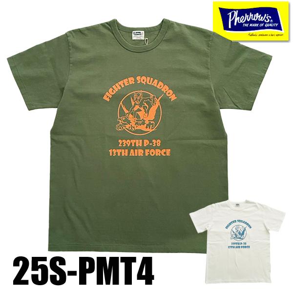 フェローズより夏でもミリタリーを楽しむデザインが入荷です。高速スピードを出すために発動機を2基搭載した双胴機P-38を双頭の鷲に置き換えた秀逸なスコードロン・マーク！ホワイト、オリーブ共にひび割れプリントなのもデザインにマッチして最高です。...