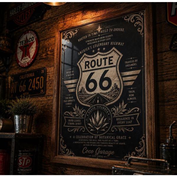 【Route66 × Agave Titanota オリジナルアートポスター A4】伝説のハイウェイ「Route66」と人気植物「アガベ・チタノタ」を融合させた、Coco Garageオリジナルデザインのアートポスターです。ヴィンテージ感あ...