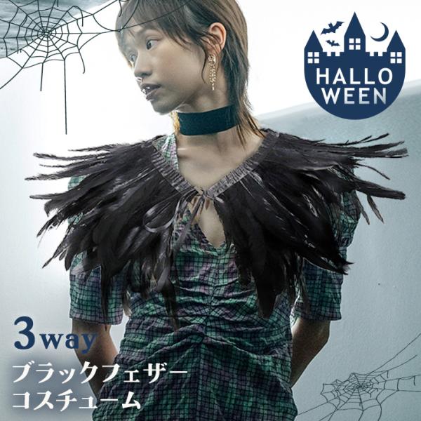 3wayで着用できる。ブラックフェザーコスチューム光沢のあるリアルな羽の質感がポイント。紐付きの前開きになっており、ショールとして前後2パターンでの着用やスカートのようにウエストに着用できる3way仕様。簡単に着脱でき、手軽にコスプレやハロ...
