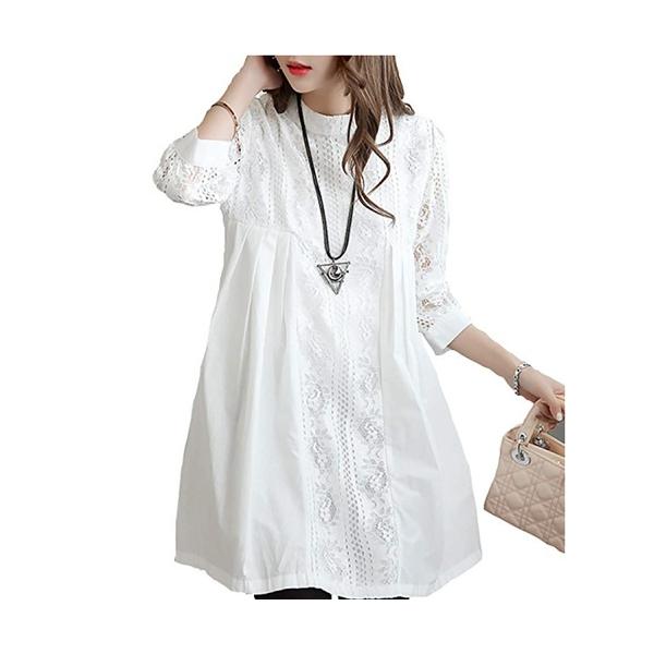 ところどころにレースが施されたシンプルなチュニックです。おなか周りがゆったりめなので、マタニティの型にも着用していただけますし、体型隠しとしても着用していただけます。お尻もすっぽりかくれるので、自分のカバーしたい部分をしっかり隠しつつオシャ...