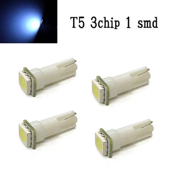 ご注文の数量は「1」＝「4球１セット」となります。電源：12V専用サイズ：約 幅 6mm×長さ 19mm1SMD T5 LEDウェッジ参考取付位置：メーター球　インジケーター球　シガーライター球　エアコンパネル・灰皿内照明など【注意事項】※...