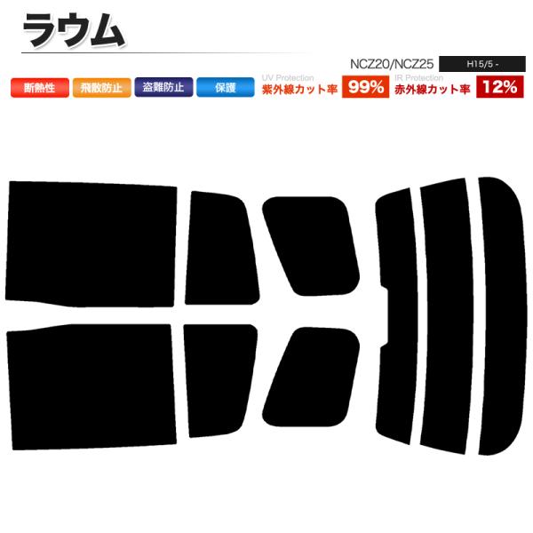 カット済み カーフィルム リアセット 車種専用■ 商品スペック【紫外線カット率】99%【赤外線カット率】12%【可視光線透過率】ライトスモーク（25%）■ 適合スペック【対応車種】ラウム【型式】NCZ20/NCZ25【年式】H15/5 - ...