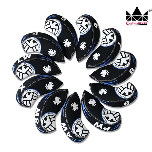 ★品名：11枚セットゴルフアイアンカバー★表示番手：4〜9、Pw、Aw、Sw、Lw、X(11個セット)★カラー：ブラック/ホワイト/ブラックイェロー数字★特徴：紛失防止のX番登場★仕様：コスモシリーズ★素材：ネオプレン★新品1セット（11個...