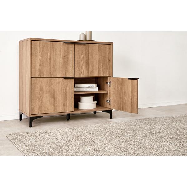 【発売日：2026年03月01日】木目調の本体とアイアンの脚部のコンビがおしゃれなキャビネット。扉ごとに中が区切られているので収納するものの用途別に生活感をスッキリ隠せます。■組立式■可動棚4枚【カラー】ダークブラウン/ナチュラル/ホワイト...