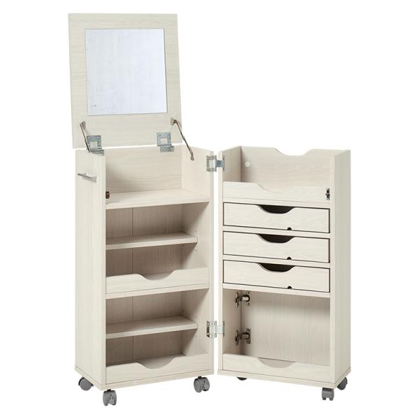 【発売日：2026年03月01日】閉じたままでも使える大容量のコスメワゴン。メイク、スキンケアアイテムはもちろんアクセサリーや美容家電まで。キャスター付きなので使う場所に移動もスムーズ。■組立式■キャスター付【カラー】ホワイト/ナチュラル/...