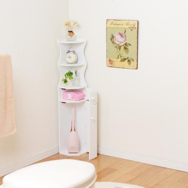 【発売日：2020年10月28日】トイレのコーナーを活かして省スペースなのにしっか収納。 WOOD PRODUCTS 様々なライフスタイルに寄り添う木製家具シリーズ。カラー：ホワイト/ピンクサイズ：(約)幅16x奥行16x高さ90cm［オー...