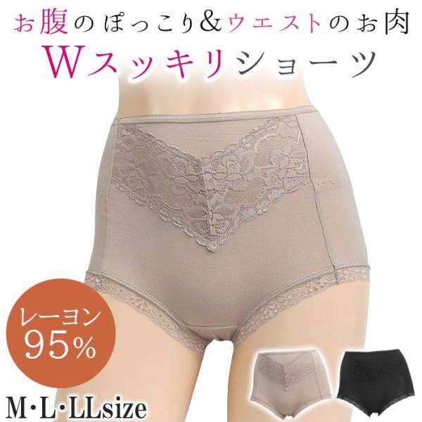 ベーシックな黒とベージュのWスッキリ機能付きショーツ♪お腹の部分にパワーネットを設置し、気になる下腹のぽっこりをフラットに。さらに腰回りもパワーネットを設置しウエスト周りもスッキリ！しなやかで軽いレーヨン95％使用の生地で、ずっと履いていた...