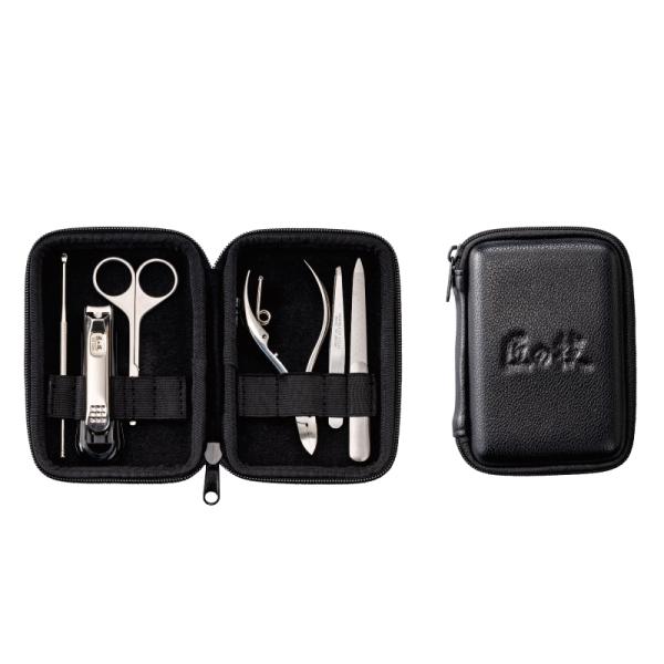 切れ味・使用感の 良いグルーミングキット、基本のケアアイテム6点揃えました。爪切り・ツメヤスリ・ニッパー・耳かき・毛抜き・セーフティはさみの6点セット。夫で高級感のあるケースで旅行や出張にも持ち運び便利です。■詳細■商品全長　H148xW1...