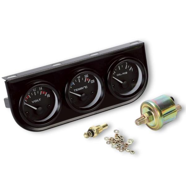 「商品情報」「主な仕様」12V 車用 トリプルゲージキット です。（汎用品/社外品） 【主な機能】 電圧計：バッテリー・充電系統の状態確認 油圧計：エンジン内部の潤滑状態を監視 水温計：冷却系統の温度管理でオーバーヒートを防止【セット内容】...
