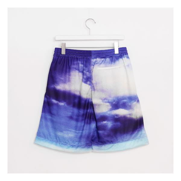 広大な空のグラフィックを全面に落とし込んだメッシュショーツ。左腿にはHIP HOPの歴史に名を刻むフ&amp;#12441;ルックリンの伝説的ラッパーの曲名である【Sky's the Limit】と、そのリリックの一部をプリント。サイドにコ...