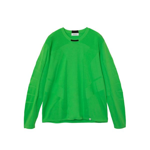 MAGIC STICKの新しい試みKnitting Series第一弾90年代のモトクロスシャツをベースアイディアに表目、裏目、タック編みとテクニックのみでモトクロスシャツ独特の切り替えデザインを再現。肘部分もオリジナルのモトクロスシャツの...