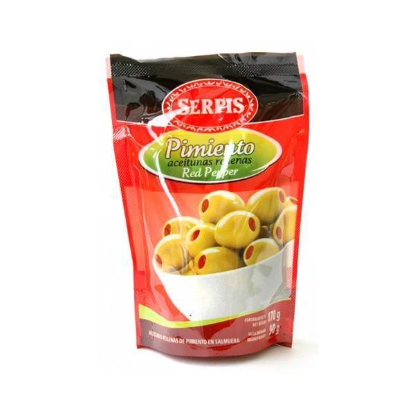 セルピスのオリーブは、質の良さに自信あり厳選された「マンサニーリャ種」使用！食用グリーンオリーブとしては、もっとも美味しいと言われるオリーブ。果肉の質・うまみが違います！種をぬき、赤ピーマンを詰めてあります。ビニールパックに入りの使いきりサ...
