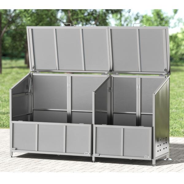 【発売日：2025年12月10日】素材はステンレス製なのでサビに強く、屋外での使用でも鉄製品より長持ちします。斜面蓋付きのデザインにより、雨水が溜まりにくく、屈まずにゴミを出し入れできます。前面パネルは半分に折りたため、大きく開くことで使い...