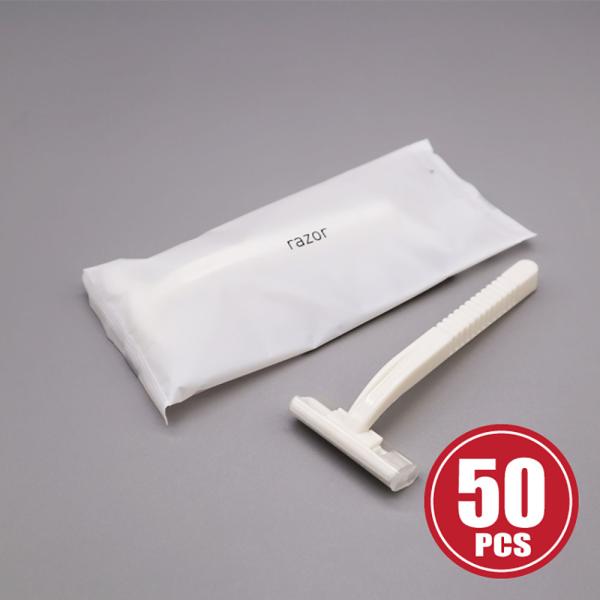 ■入数：50本入■サイズ：全長98mm■材質： 本体／ポリスチレン・刃部／ステンレス刃物鋼・キャップ／ポリプロピレン■生産国：中国■特徴　・シンプルデザインで販売用やサービス品に最適です！　・2枚刃仕様で剃り心地抜群！　・ホテルアメニティ専...