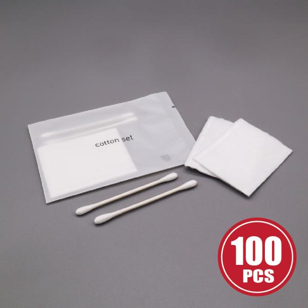 ■入数：100個入■内容：コットン２枚＋紙軸綿棒２本■サイズ： 製品/コットン 50×60mm・綿棒 76mm・パッケージ/120×85mm■生産国：中国■特徴　・女性には必需品のセットです！　・パウダールームにあると大変喜ばれます！！　・...