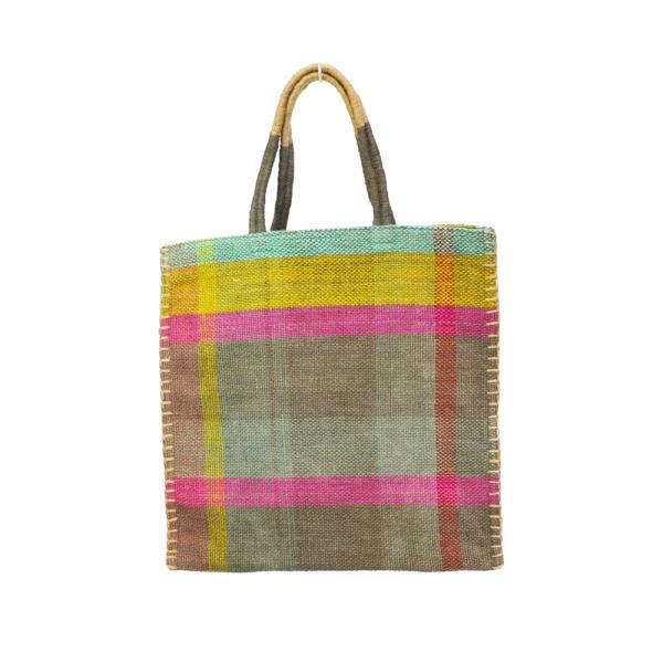 TARANGO JUTE BLOCK CHECKジュート トートバッグ グレー地 パステルグレー地にピンク、イエロー、エメラルドグリーンのチェック柄。手機、機織機で丁寧に織りあげられたジュートバッグ。ジュート麻のざっくりとした風合いがおしゃ...