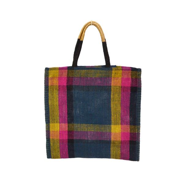 TARANGO JUTE BLOCK CHECKジュート トートバッグ チェック ネイビーネイビー地にピンクとイエローのチェック柄。手機、機織機で丁寧に織りあげられたジュートバッグ。ジュート麻のざっくりとした風合いがおしゃれなかごバッグ。デ...