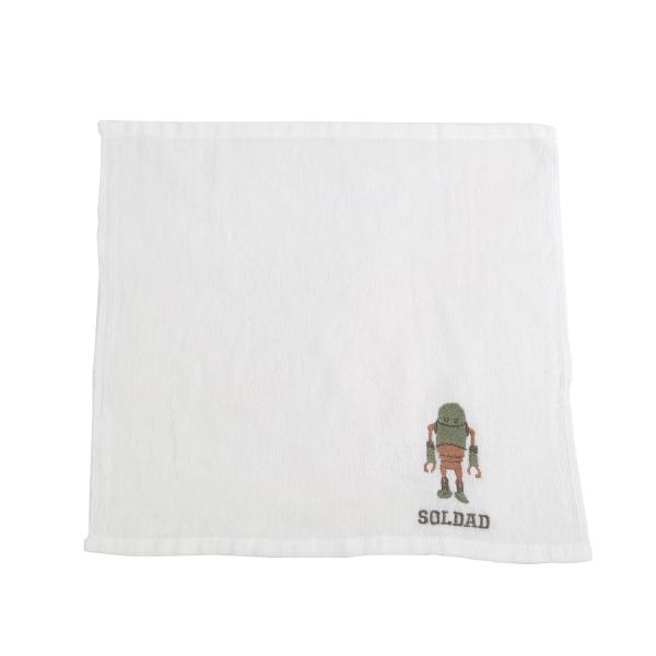 刺繍ガーゼハンカチ　ソルダッド　ホワイトです。日本製の柔らかくて軽いガーゼタオルに、人気のブリキロボットソルダッドのモチーフが刺繍されたとてもかわいいハンカチです。ハンカチは、今治タオルで有名な愛媛県今治市製です。使いやすい少し大きめ30×...