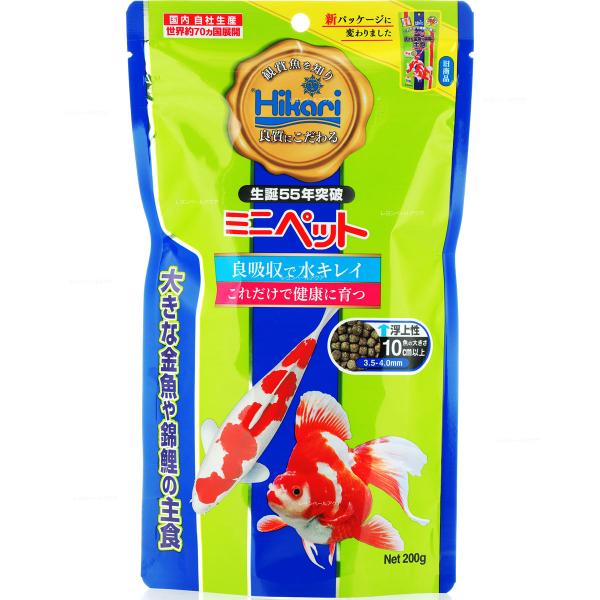 注文や問い合わせる際、当店の会社概要、お買い物ガイドを必ずお読みください。キョーリン ミニペット 200gは、10cm以上の金魚や幼鯉向けの浮上性飼料です。高温高圧で練り込んだEP粒により、水に溶け出さず水質を保ちます。・粒サイズ：3.5〜...