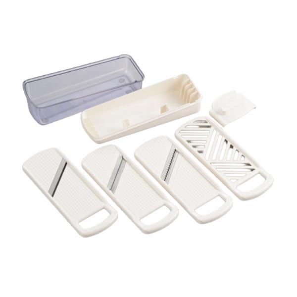 【発売日：2021年10月12日】【商品サイズ】収納時 全長23.6×全幅8.5×高さ8.8cm【材質】フタ/AS樹脂（耐熱温度80℃）ホルダー/ポリプロピレン（耐熱温度110℃）その他/ABS樹脂（耐熱温度80℃）スライサー刃部/ステンレ...