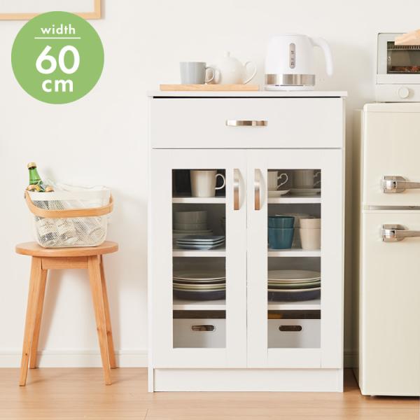 【発売日：2023年12月07日】【商品スペック】板材：パーティクルボード　天板厚み15.7mm扉板：アクリル板表面：強化プリント紙張りカラー：ホワイト棚板3枚付属　可動棚板用ダボ穴14段3.2mmピッチ商品サイズ：W59×D40×H90c...