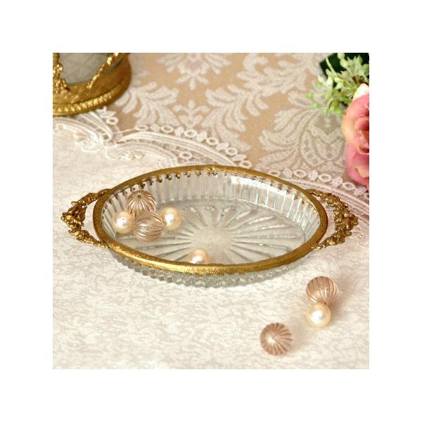アンティークローズハンドルトレイ　オーバル型ガラストレー ディスプレイ【クラシカル　アンティーク風】REHM-6672薔薇のハンドルがかわいいトレイアクセサリー入れとして