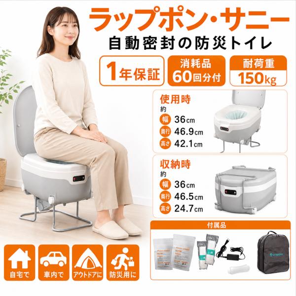 正直、防災で一番困るのは「トイレ」です。ラップポン サニーは、水不要で排泄物を1回ごとに自動密封できるポータブルトイレ。断水時の災害対策はもちろん、在宅介護や車中泊・キャンピングカーでも安心して使えます。【正規代理店・正規品】いざという時に...
