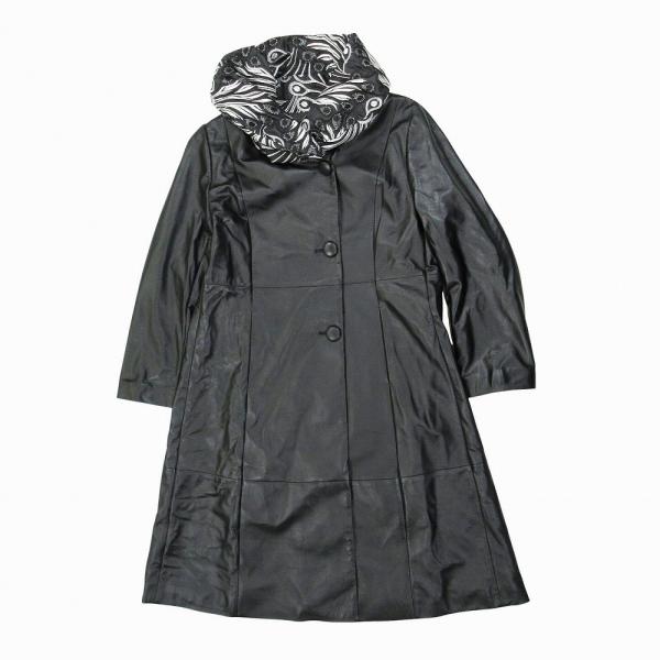 ・商品名【美品 romano ロマーノ 羊革 ラムレザーコート フラワー刺しゅう衿 アウター ブラック 日本製 レディース】・表記サイズ【表記無し（実寸をご参照ください。）】【肩幅】42cm"【身幅】51cm"【着丈】100cm"【袖丈】5...