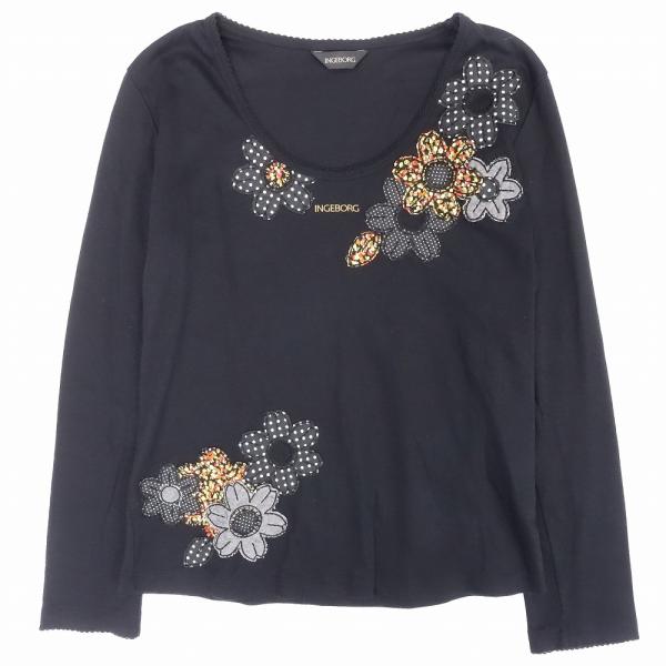 ・商品名【INGEBORG インゲボルグ 花 フラワー アップリケ Tシャツ カットソー 長袖 ピコレース ストレッチ トップス S 黒 レディース】・表記サイズ【S】【肩幅】38cm"【身幅】44cm"【着丈】52cm"【袖丈】53cm"...