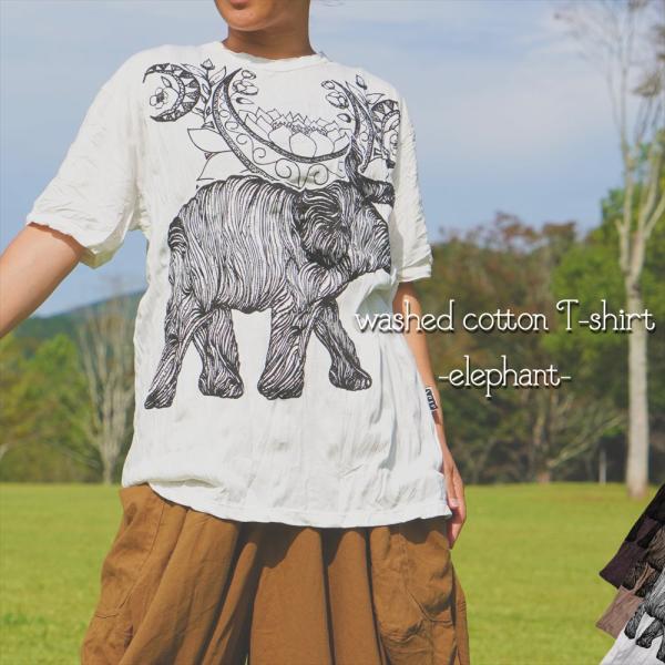 ※こちらの商品はアウトレット商品となります　左右の着丈長さに3〜4cm程度違いがあります　商品屋内画像にてご確認下さい。シンプルカラーにモノトーンのハスと象さんデザインが素敵な、柔らかコットンTシャツ♪大人の雰囲気もばっちりなカジュアルエス...