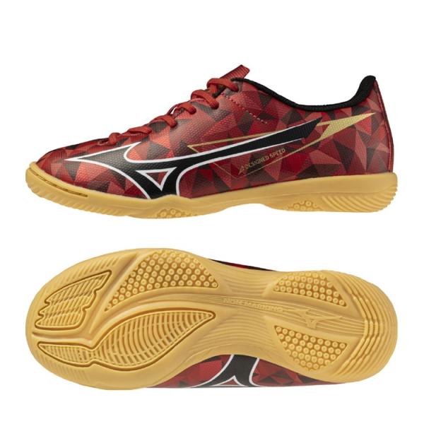 2025年6月6日発売PURE RUBY PACKスピードは、新次元へ。柔らかい人工皮革を採用した、ワイドフィットのインドアモデル。品番：P1GG256560品名：MIZUNOα II SELECT Jr IN(サッカー／フットボール)[ジ...
