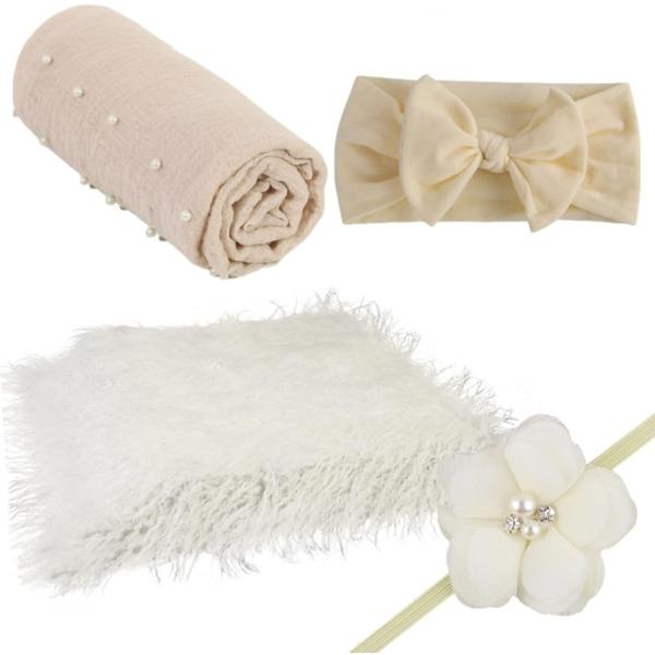 バリエーションコード : 2B20XXXGHH・ご自宅でも可愛い写真を撮りたい。。を叶えてくれる撮影小物4点セット（ブランケット・お包み・ヘアバンド・カチューシャ）です。・柔らかい素材のおくるみで包んであげて、カチューシャを付けたらブランケ...