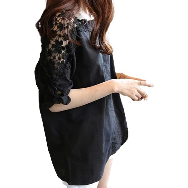 バリエーションコード : 2B4U5D829G・素材構成: ポリエステル65％， 綿35％・ボックスシルエットで女性らしい丸襟に浅くスリット入りの、小顔効果で 首元スッキリ見えるシルエットです。肩から袖にかけておおぶりな花がらのレースのモチ...