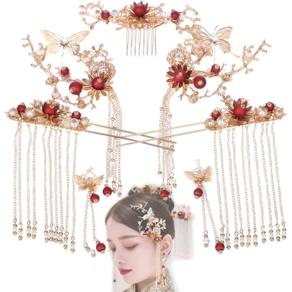 バリエーションコード : 2B2C2OXNX2・中国の豪華な髪飾りで、イヤリング・髪飾り3点（かんざしタイプ・クリップタイプ・コームタイプ）の4種類の飾りがセットになっています。すべて着用して豪華にヘアセットもできるし、ワンポイントとして使...