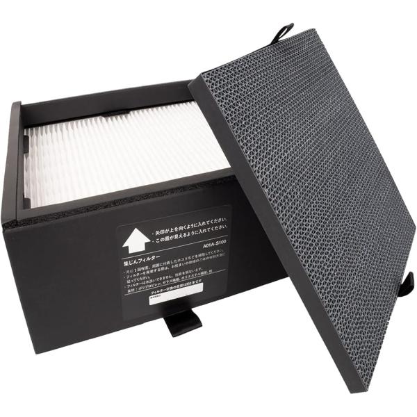 「商品番目」 空気清浄機フィルターA01A-D100 ( 活性炭、ポリプロピレン、ポリエチレン) とA01A-S100 (ポリプロピレン、ポリエチレン)。「適用機種」空気清浄機A01A-WH、A01A-P100。（＊ご注文前は対応機種をお確...