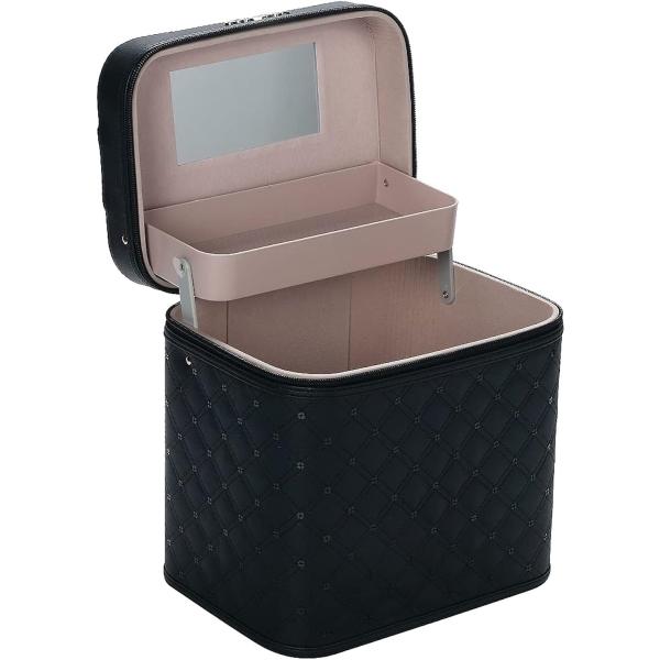 サイズ：約25cmx24cmx17.5cm仕様：化粧品収納ケース素材：Puレザー（ブラック：クロスステッチ＆スパンコール）付属：小物トレイ、小型ミラー