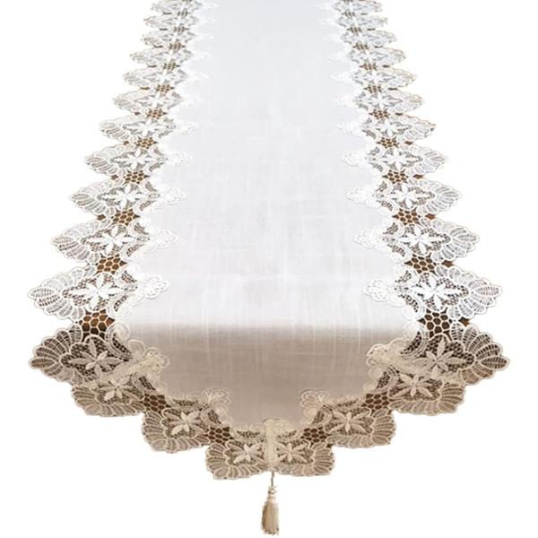 バリエーションコード : 2B4RS5DGO8・「特徴」美しいヨーロピアンレースの縁取りとタッセル付きのテーブルランナー・「用途」テーブルランナー　テーブルセンター　リビングクロスとして　食卓　リビングルーム　寝室　玄関　家具の上置き　家電...